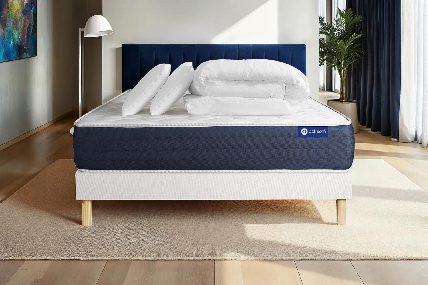 Pack lit complet 180x200 cm - Matelas + Sommier Blanc (en kit) + 2 ...